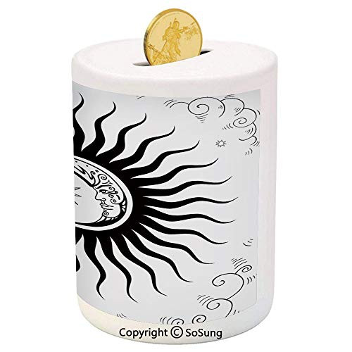 Sun and Moon Ceramic Piggy Bank,Alchemy Symbols Doodle Style Mythical ...
