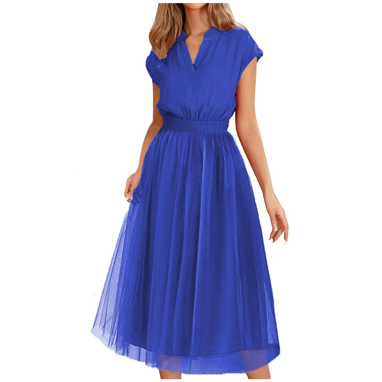 Summer Dresses for Women Elegant Short Sleeve V Neck Mesh Flowy Midi ...