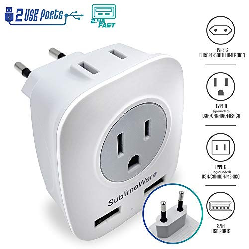 European Power Adapter w/ 2 USB Ports & 2 AC Outlets - USA to EU Outlet ...