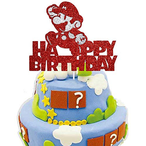 Artczlay Super Mario Happy Birthday Red and Silver Glitter Cake Topper ...