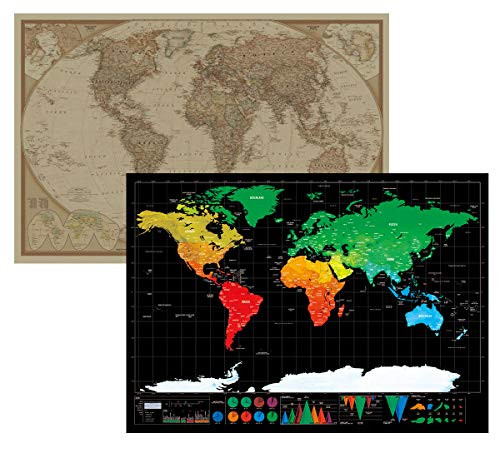 SunMirror 2 World Map Set, Retro Kraft Paper World Map & Scratch Off ...