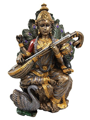 Ebros Hindu Goddess Saraswati Playing Veena with Swan Figurine Sitting ...