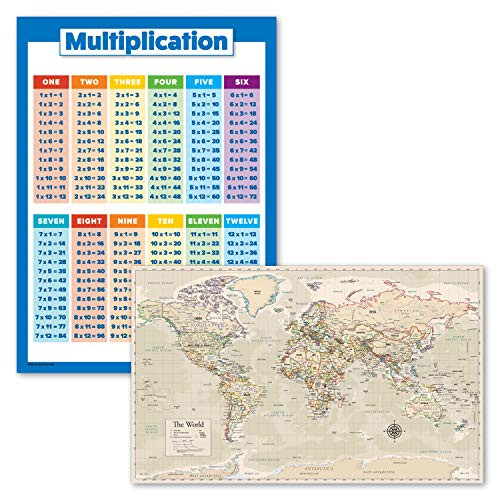 2 Pack - Multiplication Tables Poster New Style Antique Style World Map ...