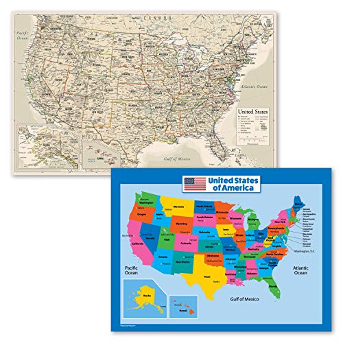 2 Pack - Antique Style USA Map Plus USA Map Chart for Kids -Laminated ...