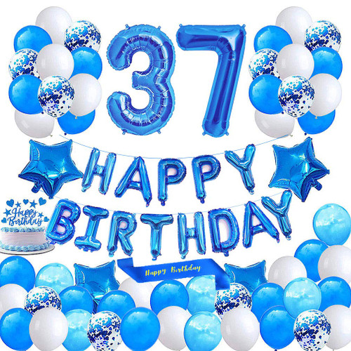 Blue 37th Birthday Decoration Happy Birthday Banner Number 37 Balloons ...