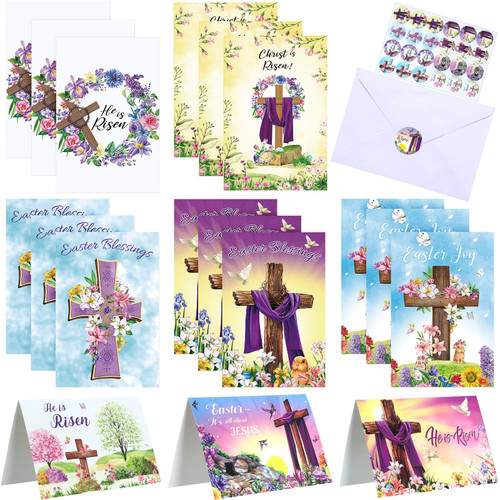 24 Sets Easter Greeting Cards He Is Risen Card Cross Religious Cards 6 ...
