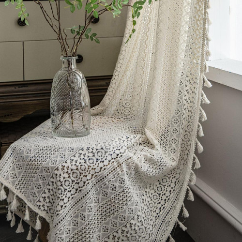 WAZZIO Farmhouse Crocheted Curtains Vintage Geometric Lace Drapes 63 ...