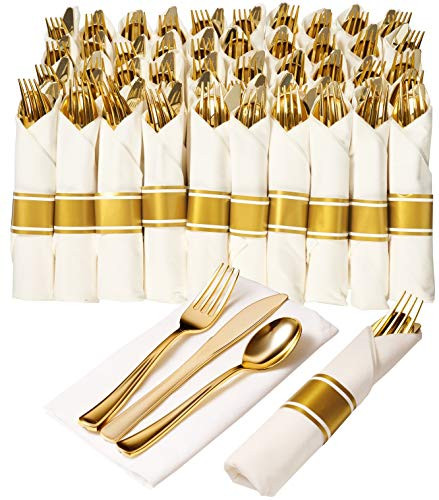 50 Pre Rolled Gold Plastic Silverware - 200pc Set, Service for 50 ...