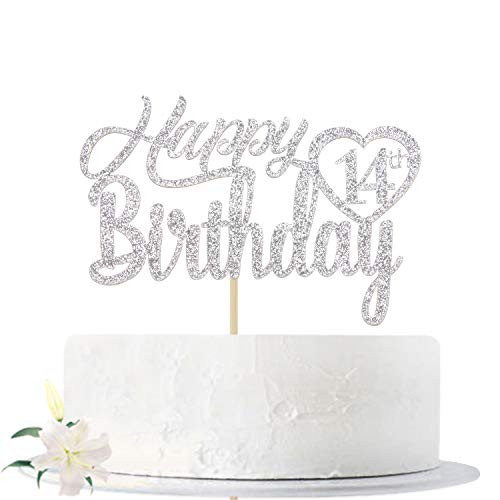 Sliver Glitter Happy 14th Birthday Cake Topper Hello 14 Cheers to 14 ...