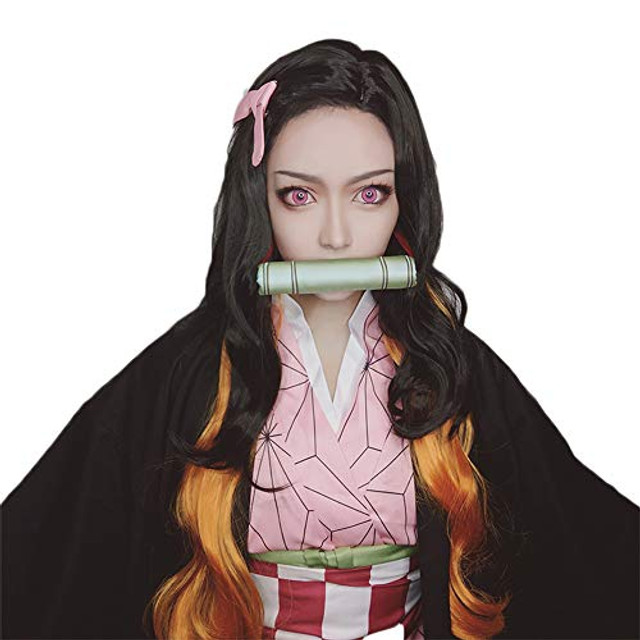 Kamado Nezuko Cosplay Wig Long Curly Black Orange Wig For Demon Slayer Anime Costume Kamado