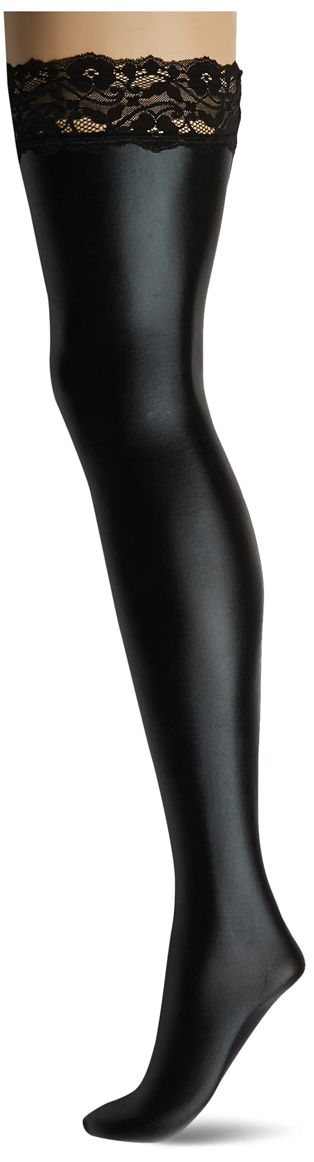 Coquette Women's Wet Look Thigh High Stay Up Stockings with Lace, Black ...