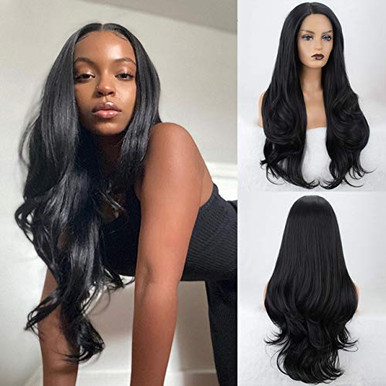 Synthetic Black Lace Front Wigs with Side Part Wavy Long Wig with Side ...