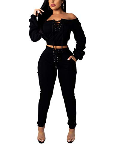 Womens Bandage Lace Up 2 Piece Tracksuit Outfits Off Shoulder Long ...