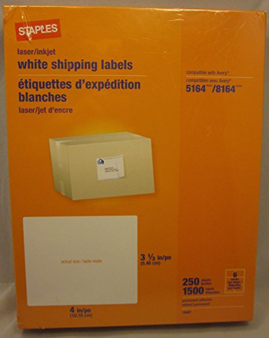 Staples White Shipping Labels 4 x 3 1/3 250 Sheets 1500 Labels ...
