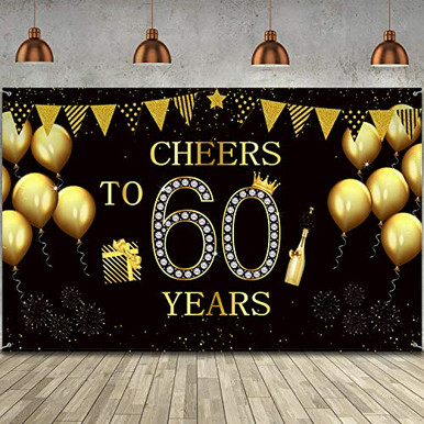 Happy 60th Birthday Party Backdrop Banner Extra Large Fabric Black Gold ...