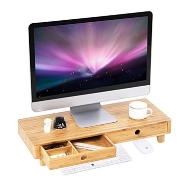 SONGMICS Bamboo Wood Monitor Stand Computer TV Riser with 2 Drawers ...