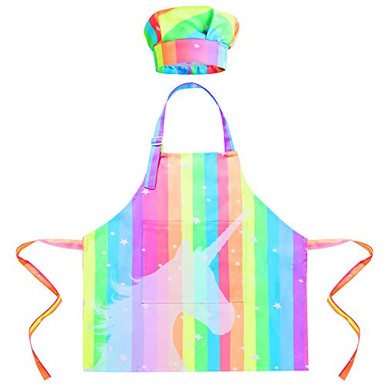 Sylfairy Kids Apron Chef Hat Set Girls Rainbow Unicorn Apron with ...