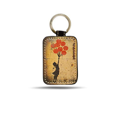 Banksy Flying Balloons Leather Keychain - Stainless Nickel Fob Key Ring ...