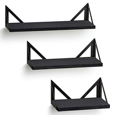 Solid Wood Floating Shelves Set of 3 with Triangle Metal Rack for Wall ...