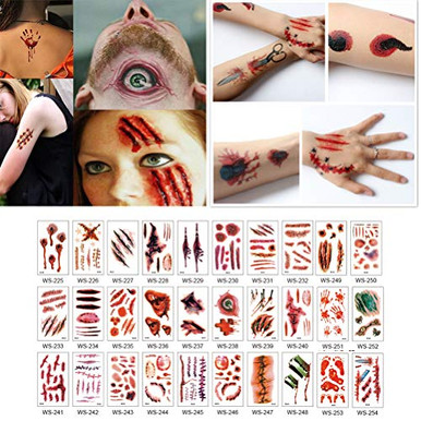 30 Sheets Temporary Scar Tattoos Stickers Realistic Bloody Wound Scab ...