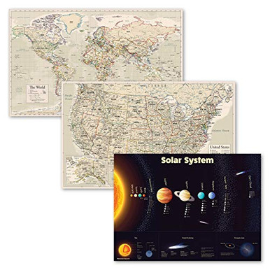 3 Pack - Antique Style World USA Maps Solar System Poster Set Laminated ...