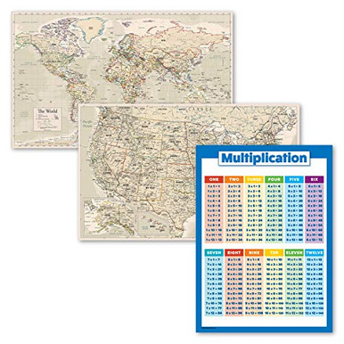 3 Pack - Antique Style World USA Map Poster Set Multiplication Table ...