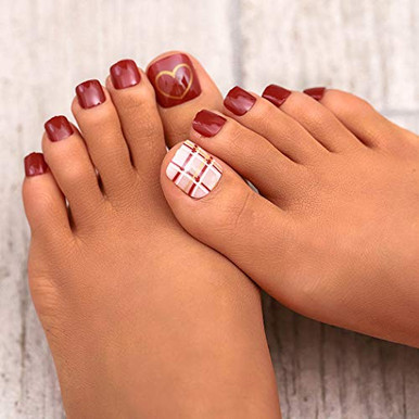 Woeoe Glossy Press on Toenails Red Love Short Fake Toe Nails Geometric ...
