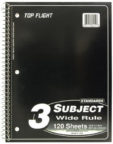 Top Flight Standards 3-Subject Wirebound Notebook, 120 Sheets, 3-Hole ...