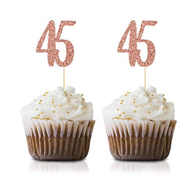 Rose Gold 45th Birthday Cupcake Topper 24-Pack Number 45 Glitter Happy ...
