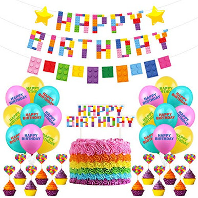Building Block Birthday Party Supplies Includes Happy Birthday Banner ...