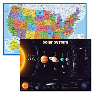 2 Pack - Solar System Poster for Kids and USA Map Chart Blue Ocean ...