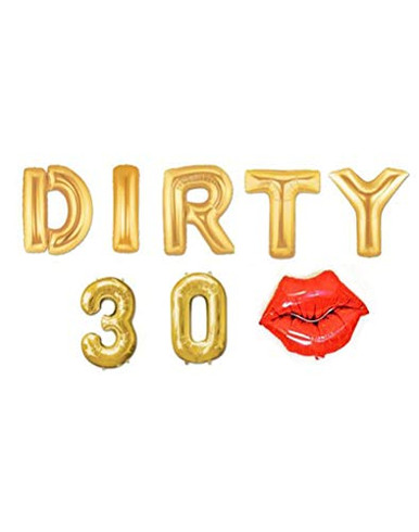 AnnoDeel DIRTY 30 Foil Balloons 16inch Gold DIRTY 30 Letter Red Lips ...