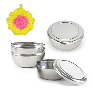 Korean Stainless Steel Rice Bowl and Lid 4 Piece Set Dish Scrubber ...