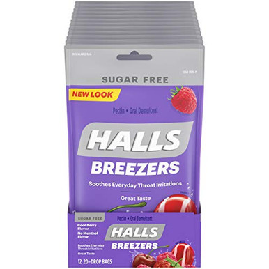 HALLS Breezers Cool Berry Sugar Free Throat Drops 12 Packs of 20 Drops ...