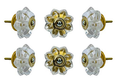 Set of 6 Crystal Glass Knobs Kitchen Cabinet Cupboard Glass Door Knobs with Gold Plated Dresser ...