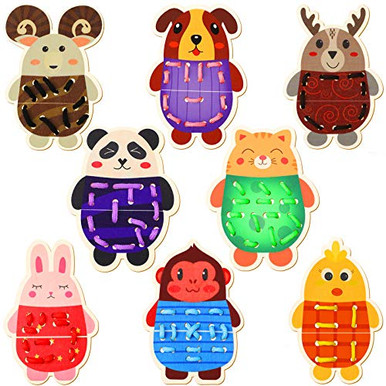 8 Pieces Wooden Lacing Animals Threading Toys Lacing and Tracing Cards ...