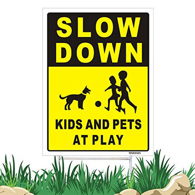 DSKKWS Slow Down Kids and Pets at Play Sign 12 x 9 Yard Sign with Metal ...