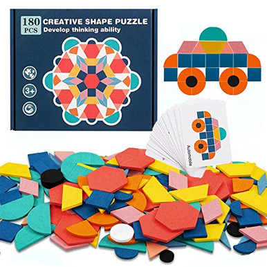 180 Pcs Wooden Pattern Blocks Set Geometric Shape Puzzle Kindergarten ...