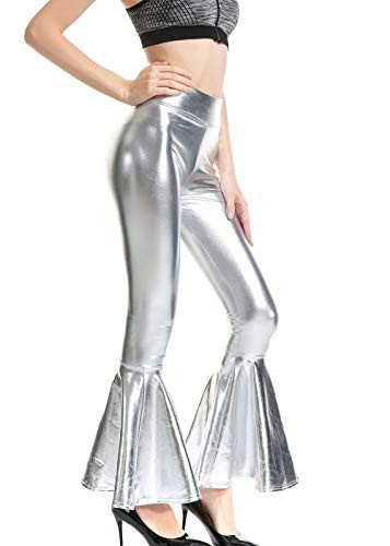 Shiny Metallic High Waist Skinny Flare Bell Bottom Pants for Women Wet ...