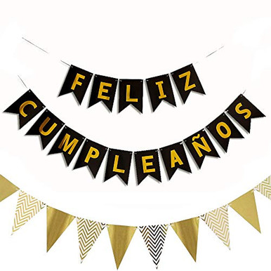 Spanish Feliz Cumpleanos Banner -Black Golden Happy Birthday Banner ...