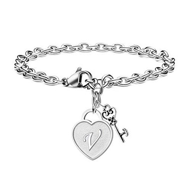 Joycuff Heart Initial Bracelet Letter V Charm Jewelry Minimalist Link ...
