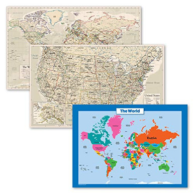 3 Pack - Antique Style World and USA Map Poster Set plus World Map ...
