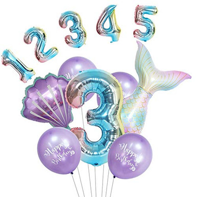 7 Pieces Mermaid Tail Number Sea Shells Helium Foil Balloons Purple ...