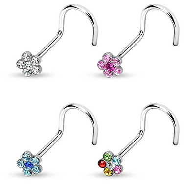 4-Color Set Gem Accent Flower Top Steel Nose Ring Screw Piercings 18 ...