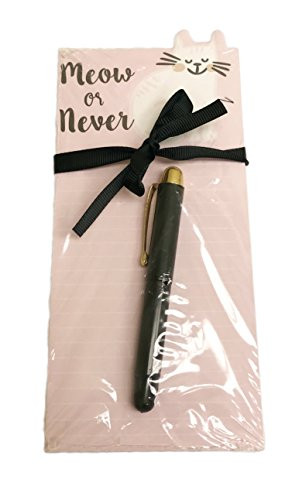 Meow or Never Cat Themed Notepad with Black Pen Novelty Desk Gift Set 7 ...