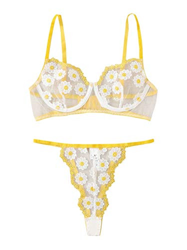 SOLY HUX Womens Embroidered Floral Sheer Mesh Underwire Bra and Panty ...