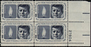 US Postage Stamps 1964 Kennedy Memorial S 1246 Plate Block of 4 5 Cent ...