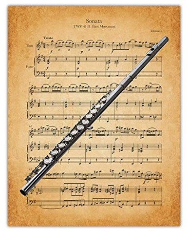 Vintage Flute Sheet Music Wall Art Print Unique Room Decor for Boys Men ...