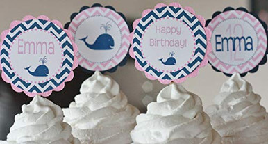 12 - Whale Nautical Light Pink and Navy Blue Chevron Birthday Cupcake ...