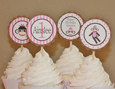 12 - Sock Monkey Pink and Brown Stripe Polka Dot Birthday Cupcake ...
